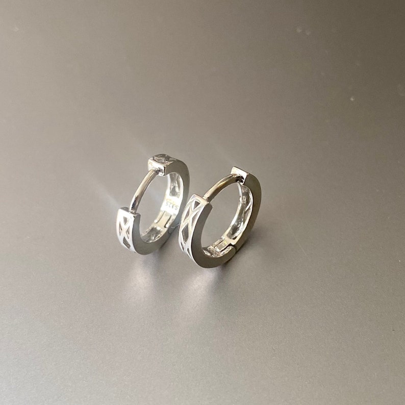 Mens Hoop Earrings - Mens Patterned Silver Hoops, 12mm Silver Huggie ...