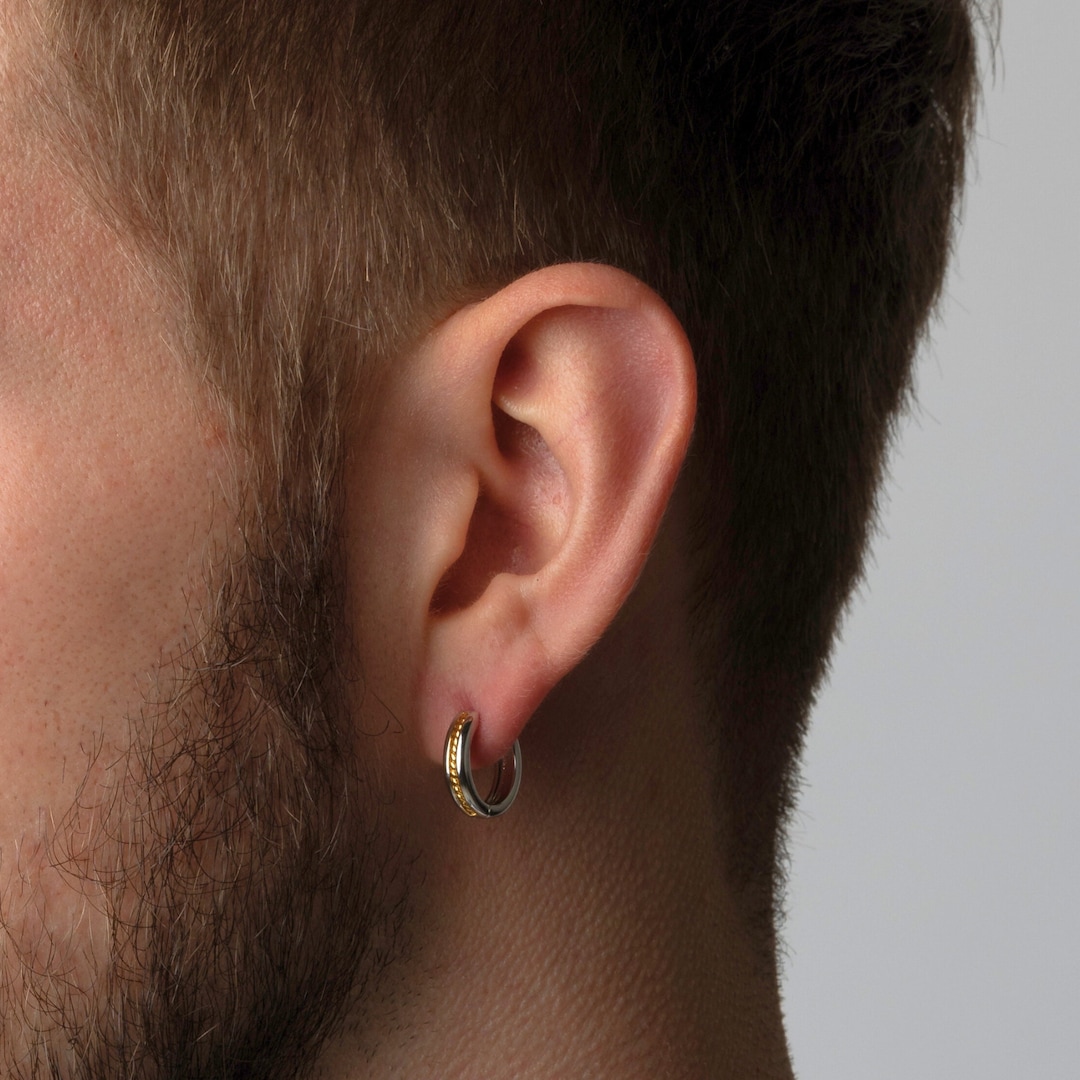 Mens Earrings, Mens Silver / Gold Earrings, 15mm 18K Gold Hoop Earrings ...