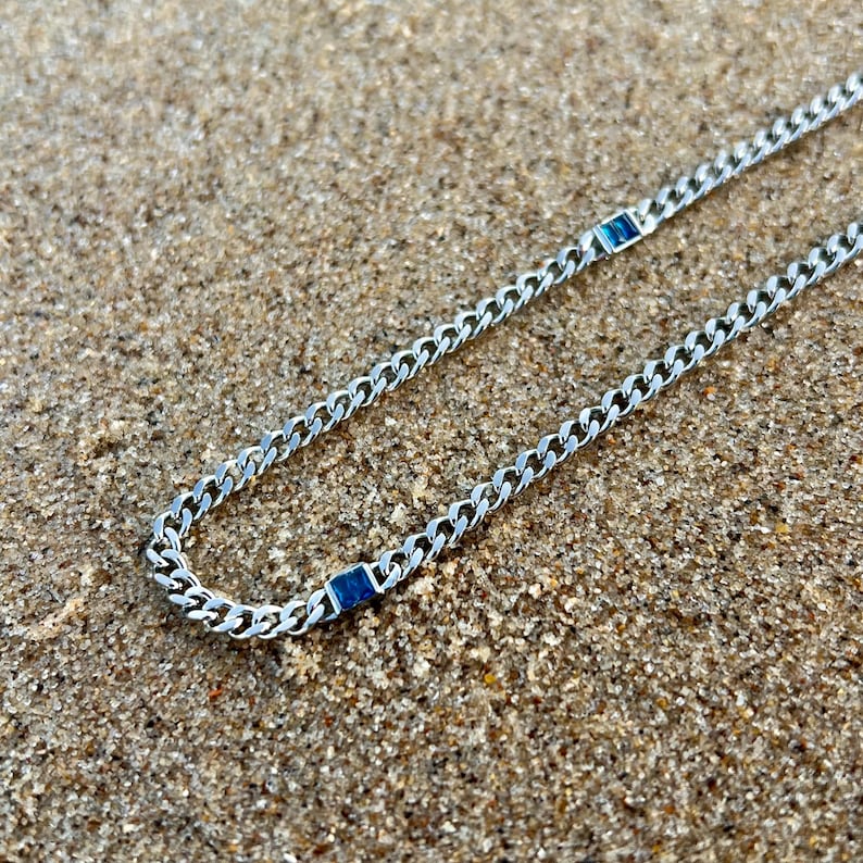 Mens Necklace - Gold Sapphire Blue Necklace for Men - Mens Gold Curb ...