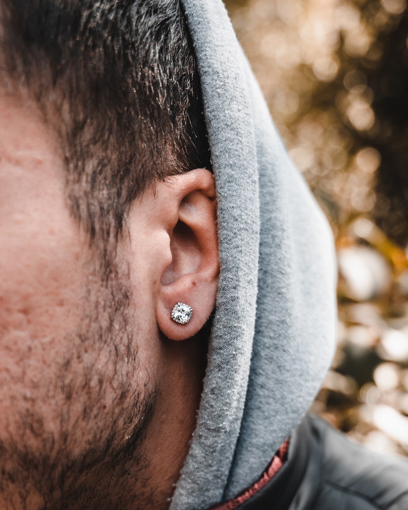 Mens Earring, 18K Gold Diamond Stud Earring for Men, Square Stud ...