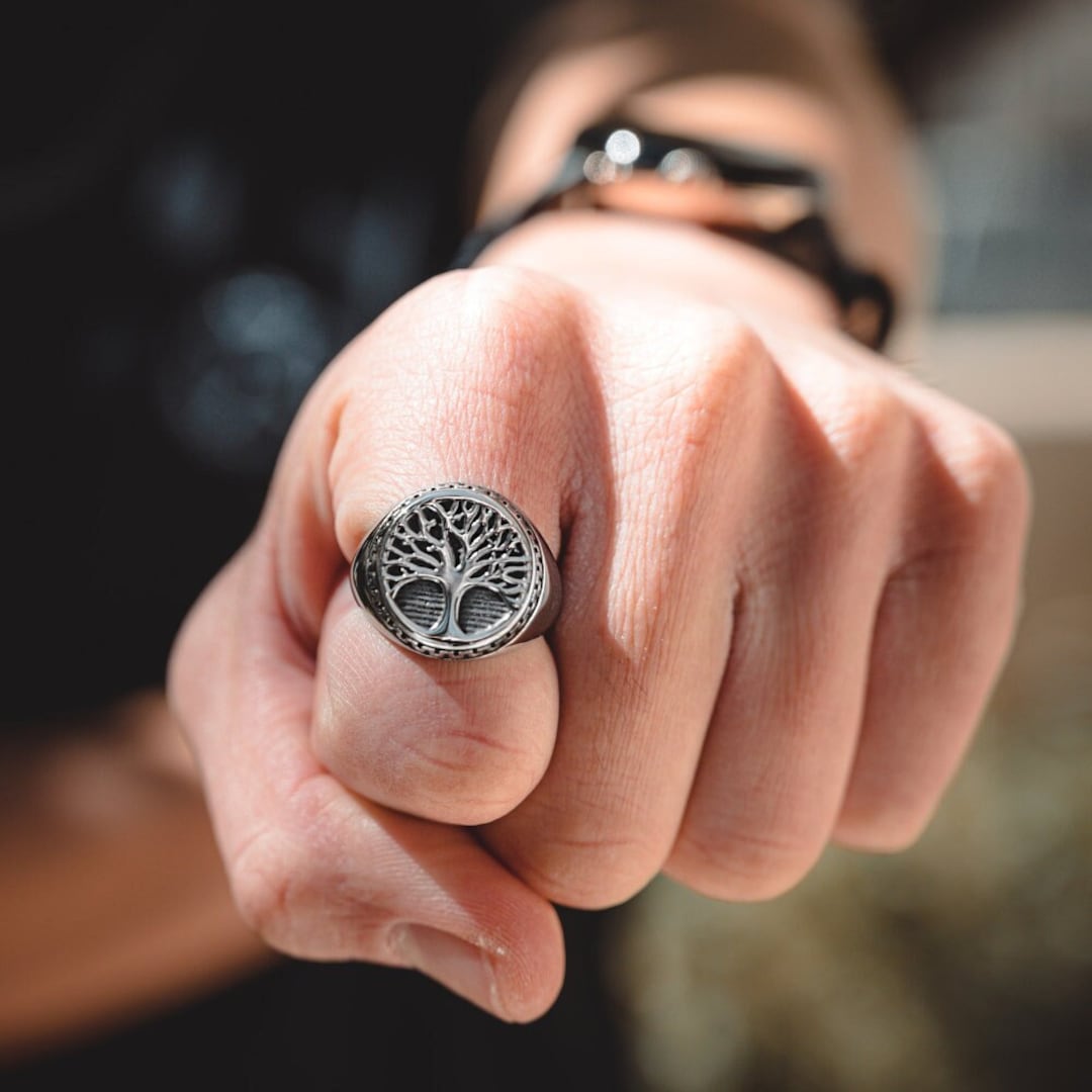 Mens Ring - Tree of Life Signet Ring for Men - Silver Mens Signet Ring ...