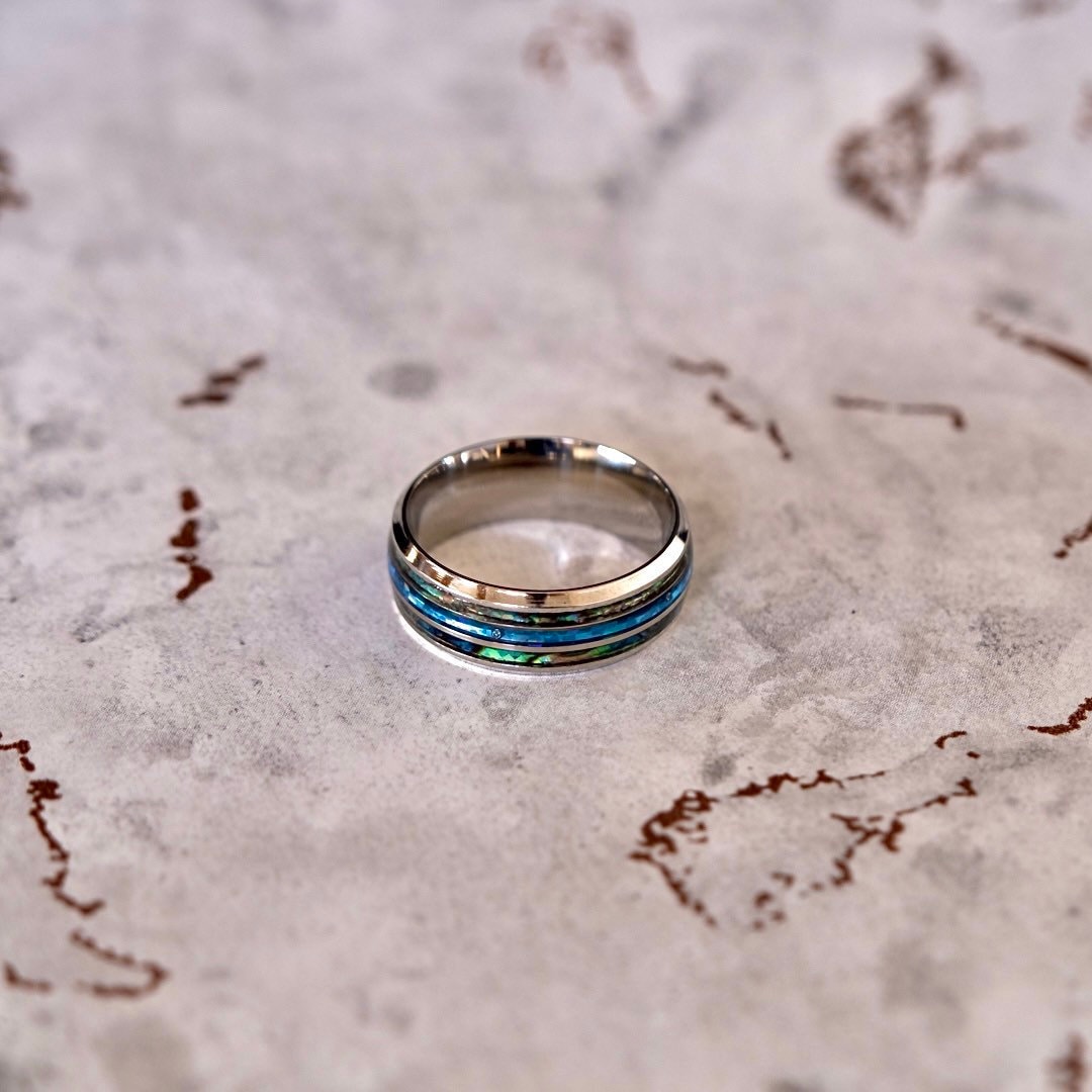 Mens Ring Fire Opal Men's Stainless Steel Ring Blue Shell Ring Blue ...