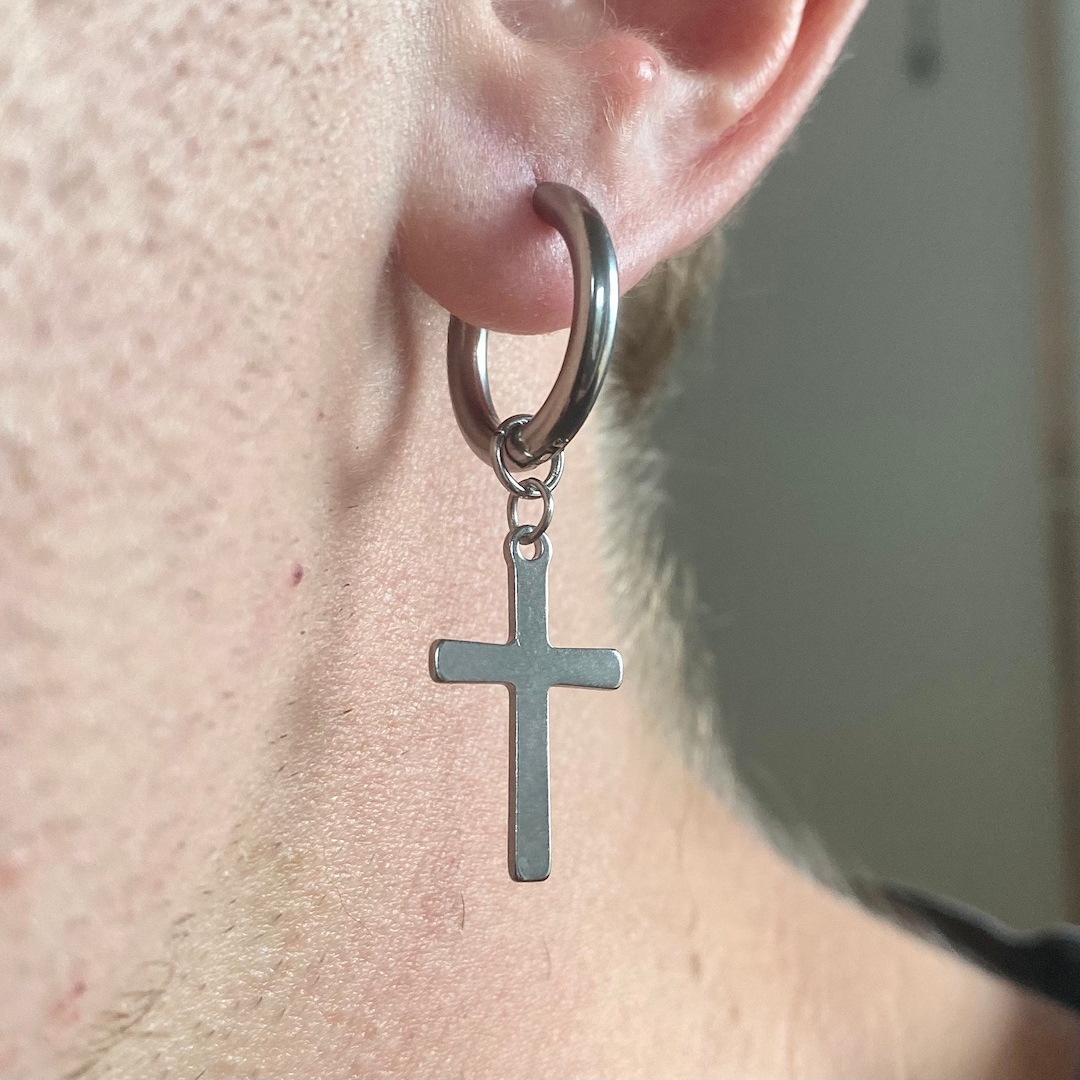 Mens Earrings - Silver Cross Earrings Men - Silver Cross Dangle ...