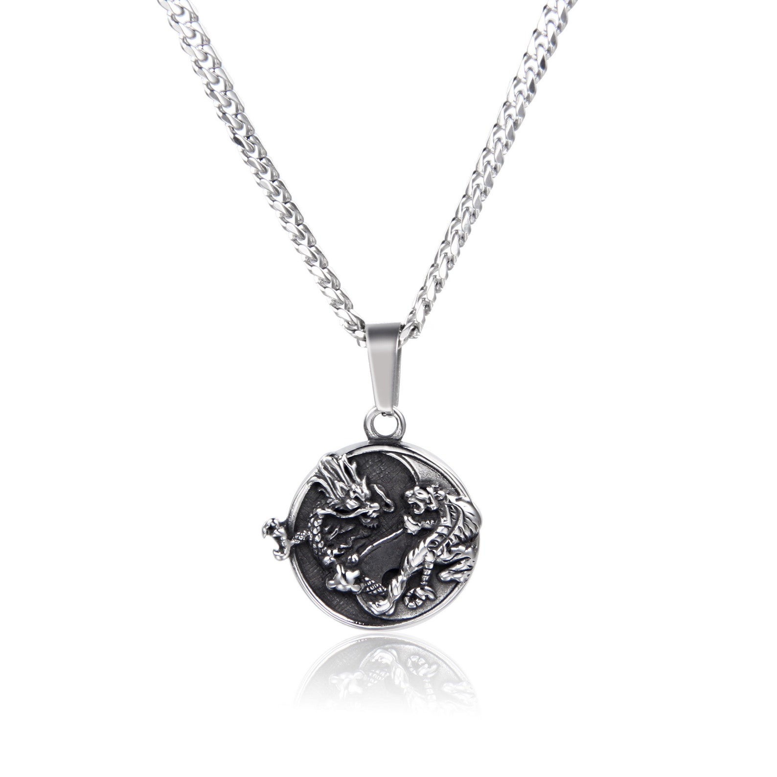 Ying Yang Necklace for Men, Dragon & Tiger Pendant Silver Necklace ...