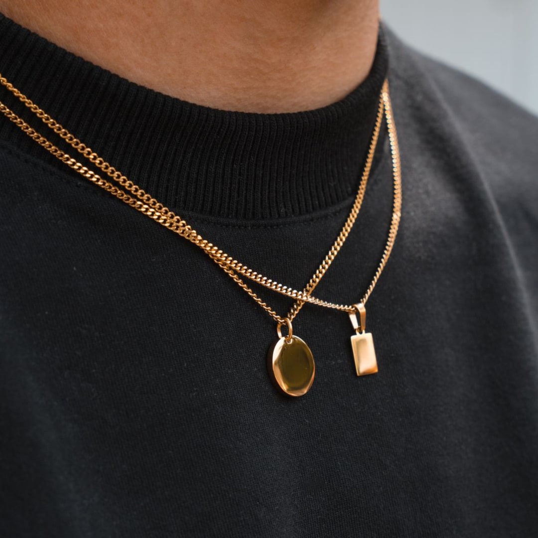 Mens Gold Pendant Necklace - Minimalist Gold Round / Rectangle Pendant ...