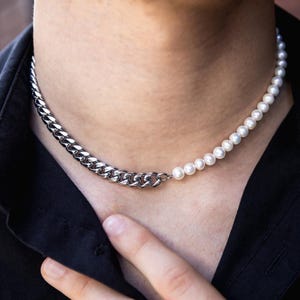 Mens Pearl Necklace - Silver Half Pearl Silver Cuban Link Chain ...