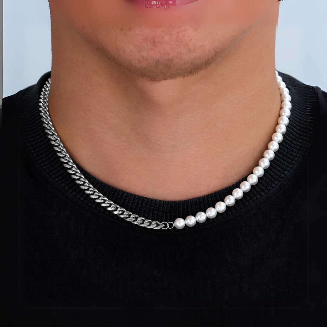 Mens Necklace, Silver Pearl Chain Necklace, Half Pearl Half Chain ...