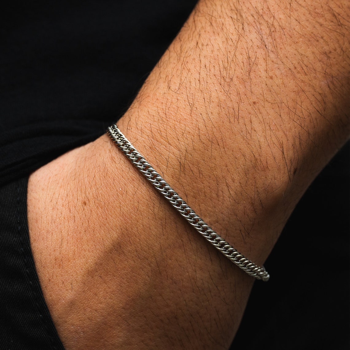 Mens Bracelet, Silver Flat Cuban Bracelet Chain, 3mm Flat Curb Chain ...