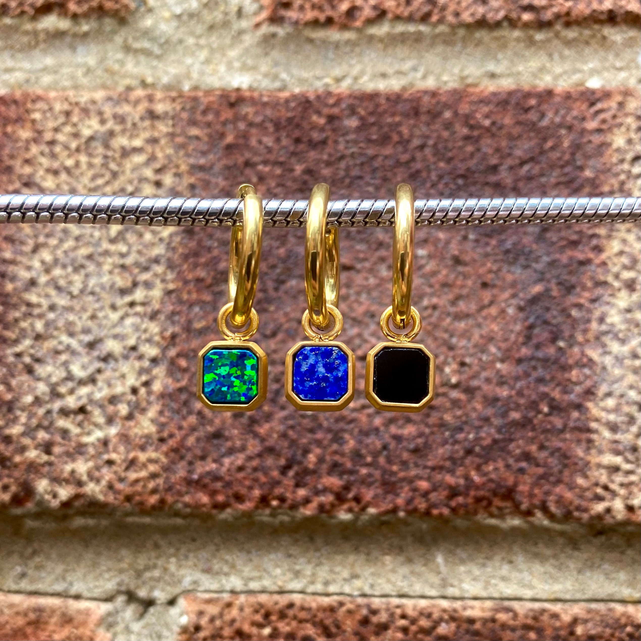 Mens Earrings - 18K Gold Hoop Dangle Earrings With Blue Lapis Lazuli ...