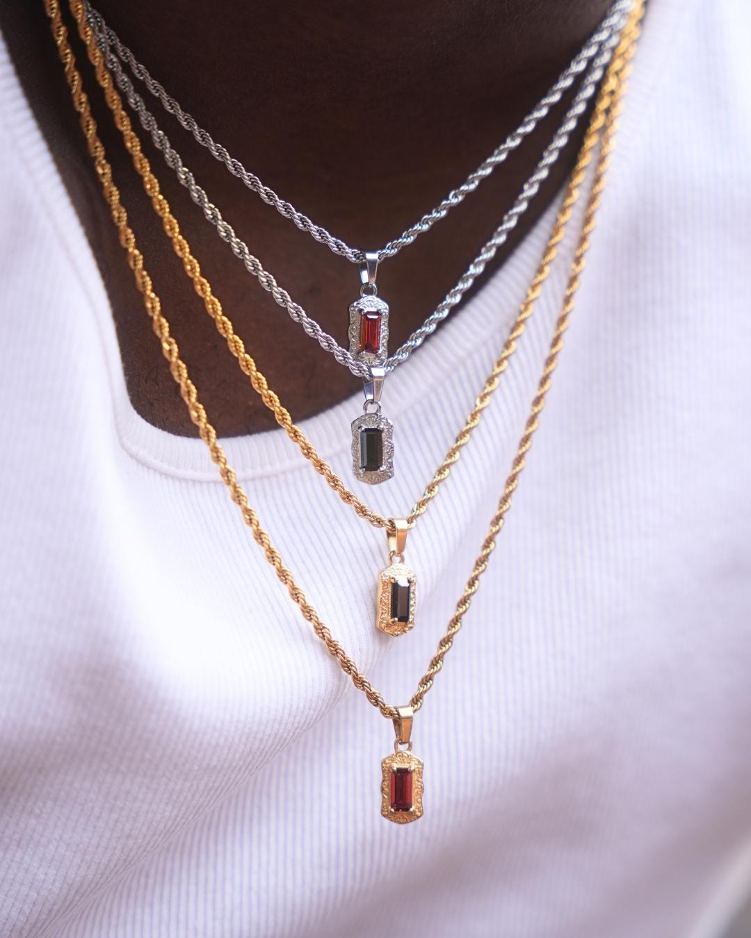 Mens Necklace - 18K Gold Gem Ruby Red Necklace for Men - Black / Red ...