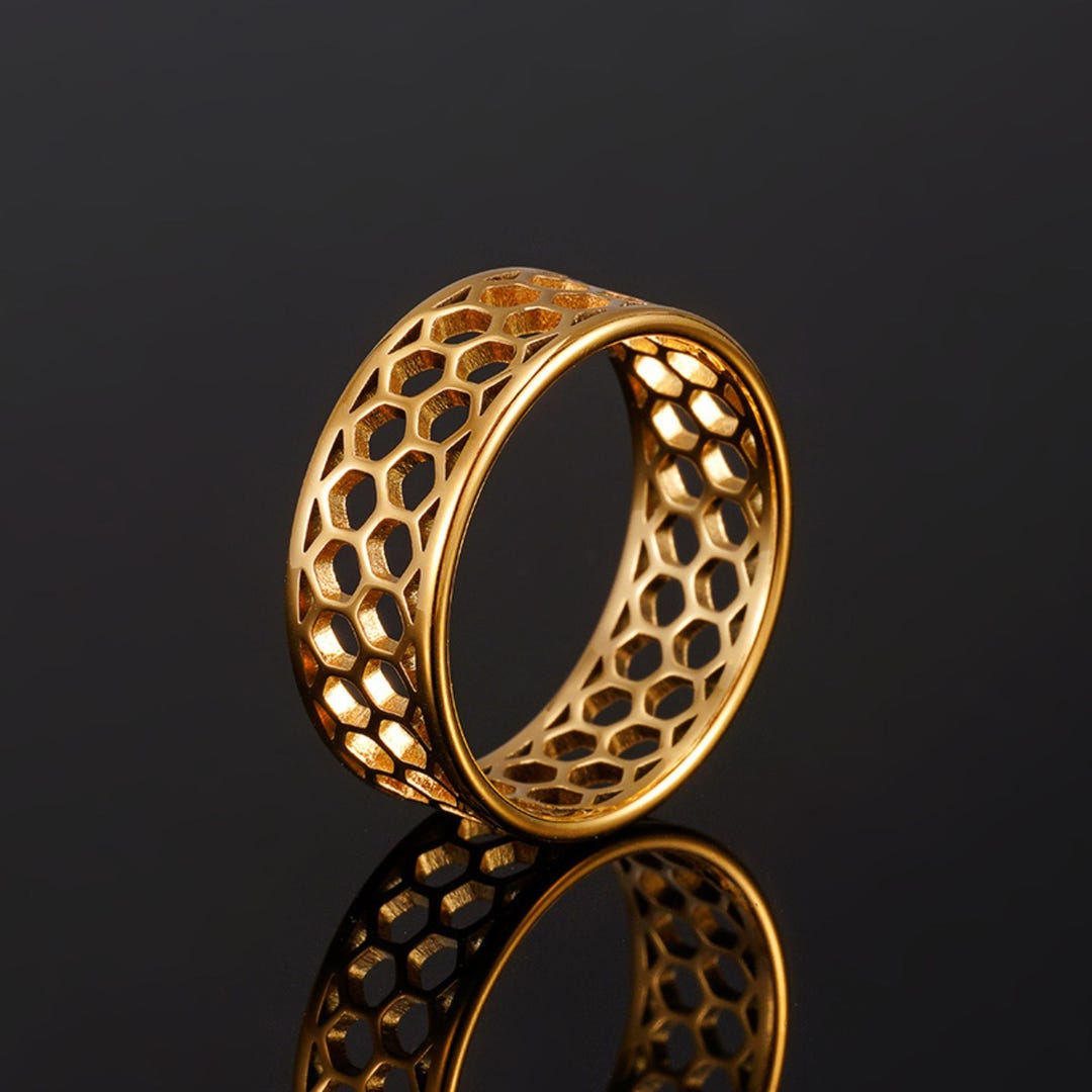Gold Hexagon Ring - Mens Ring - Chunky Gold Band Ring - Band Rings for ...