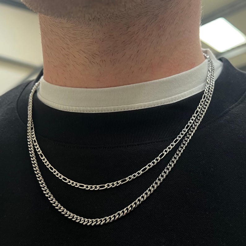 Mens Silver Chain - Thin 3mm Silver Cuban / Figaro Chain Necklace Stack ...