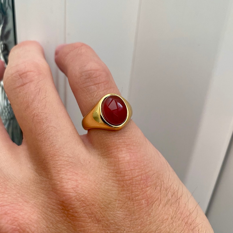 Mens Ring - 18K Gold Signet Ring for Men - Red Agate Gemstone Ring ...