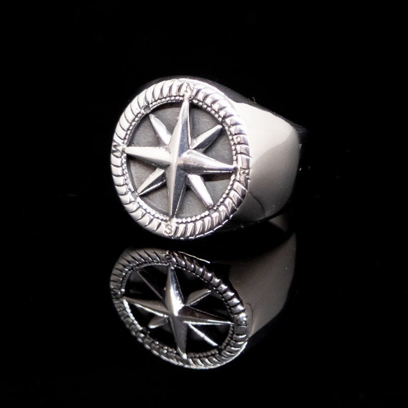 Mens Silver Compass Ring - Chunky Silver Signet Ring for Men - Mens ...