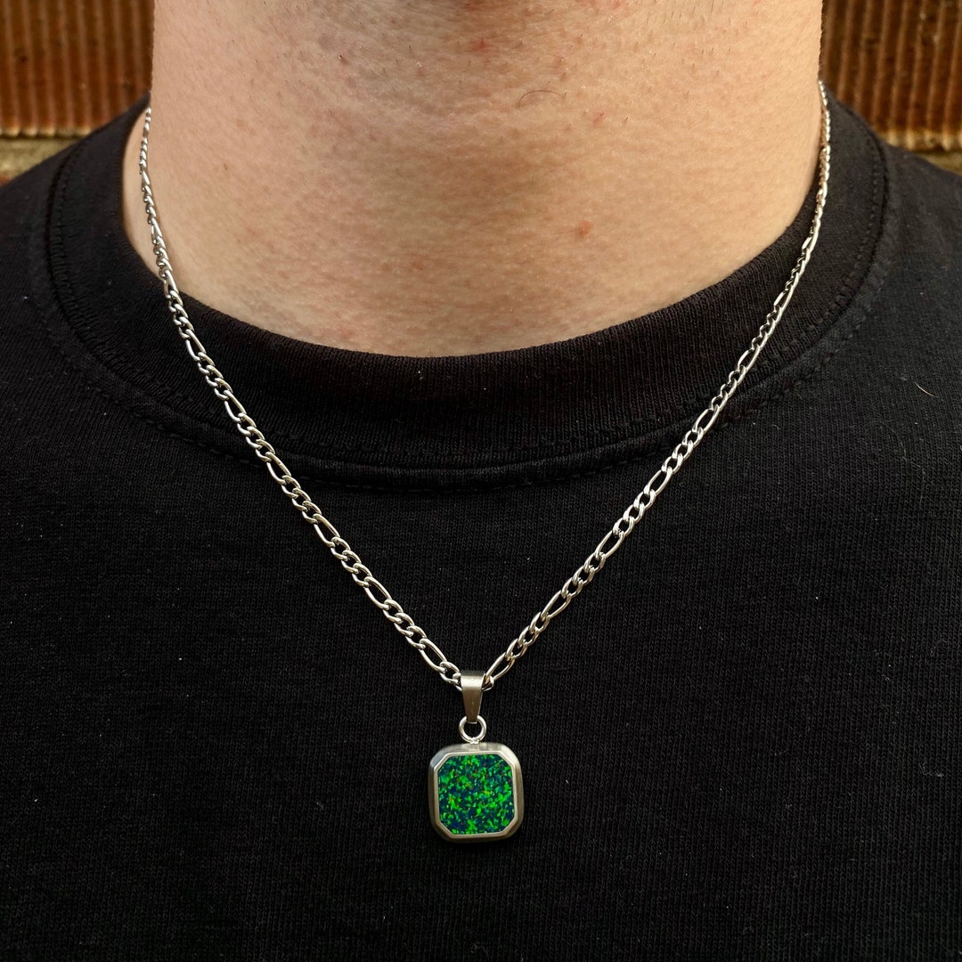 Green Opal Stone Necklace Mens Necklace Silver Stone Necklace Mens Opal Pendant Opal Necklace