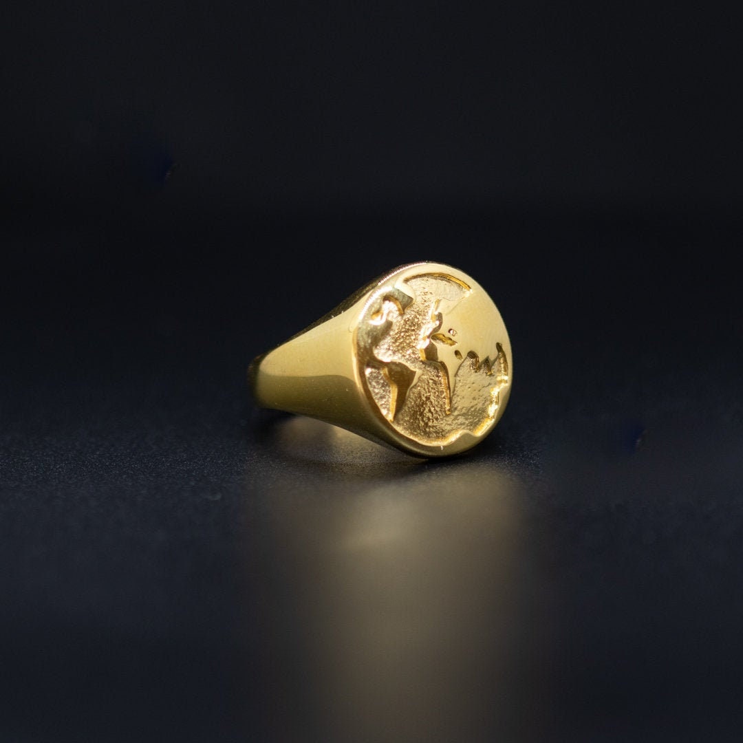 Mens Ring World Map Styled Ring Gold 18k Gold Signet Ring - Etsy