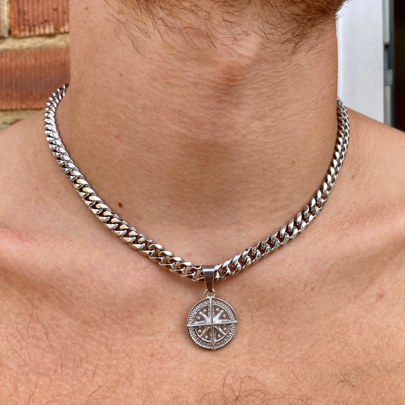 Mens Necklace Silver Compass Pendant Men Silver Chain Round - Etsy