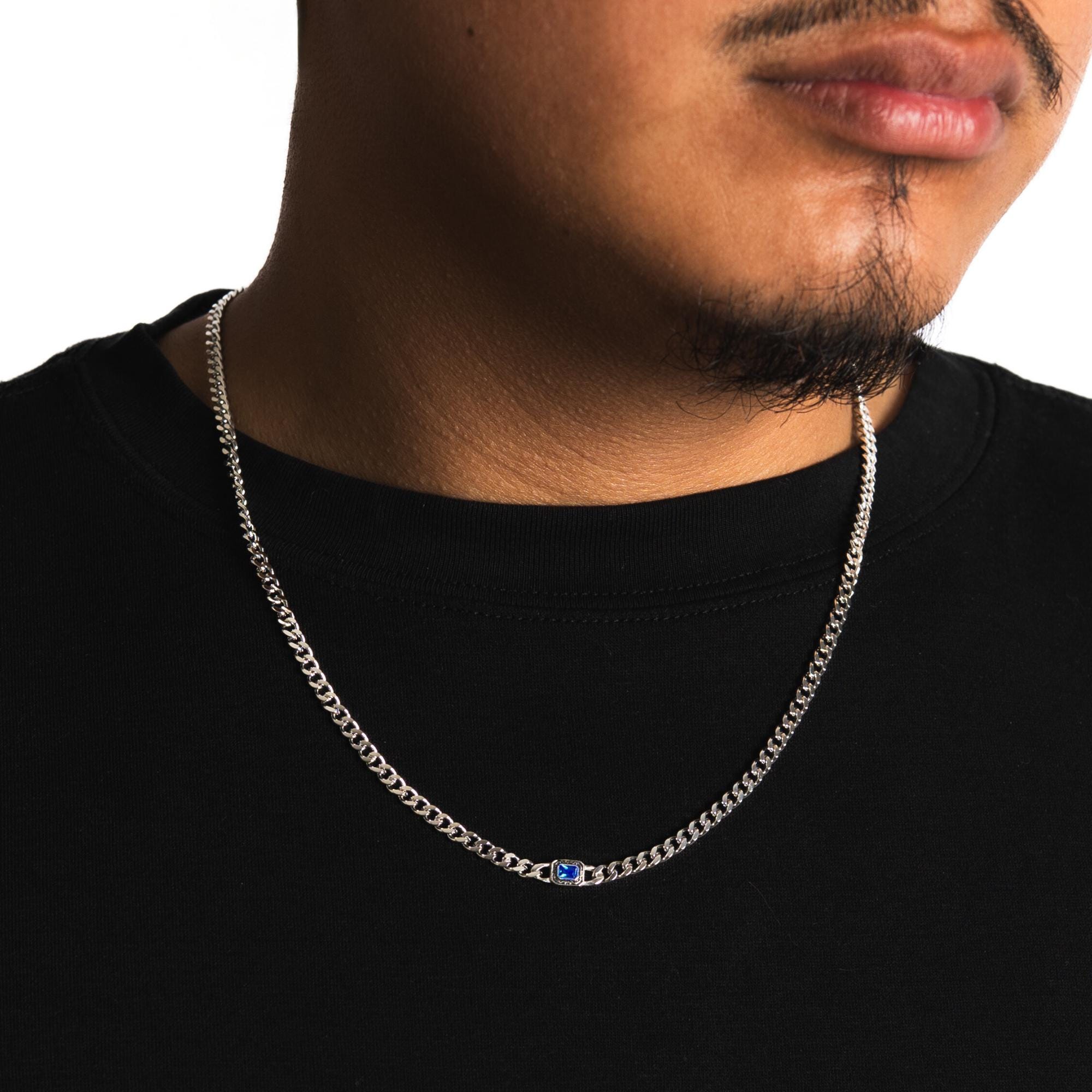 Silver Green Vintage Gem Necklace 4mm Curb Chain Necklace for Men, Mens ...
