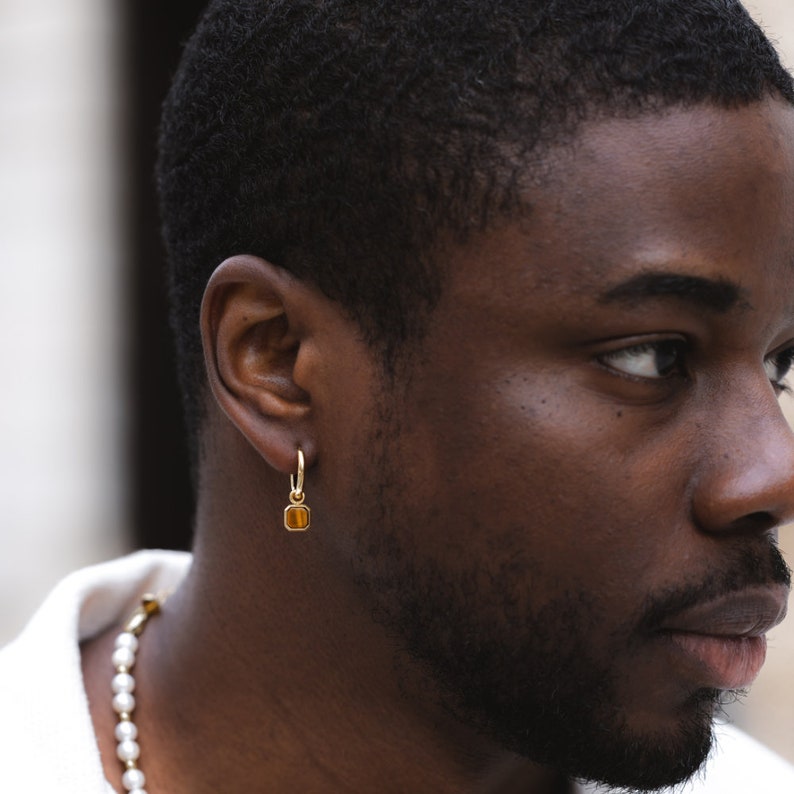 Mens Dangle Earrings - Tigers Eye Dangle Earrings for Men - 18K Gold ...