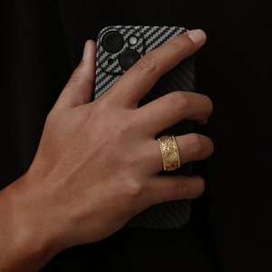 Mens Ring, Chunky Patterned Gold Band Ring - Mens Gold Band Ring - Gold ...
