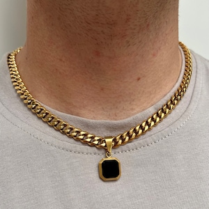 Mens Necklace, 18K Gold Square Gemstone Pendant Necklace for Men, Gold ...