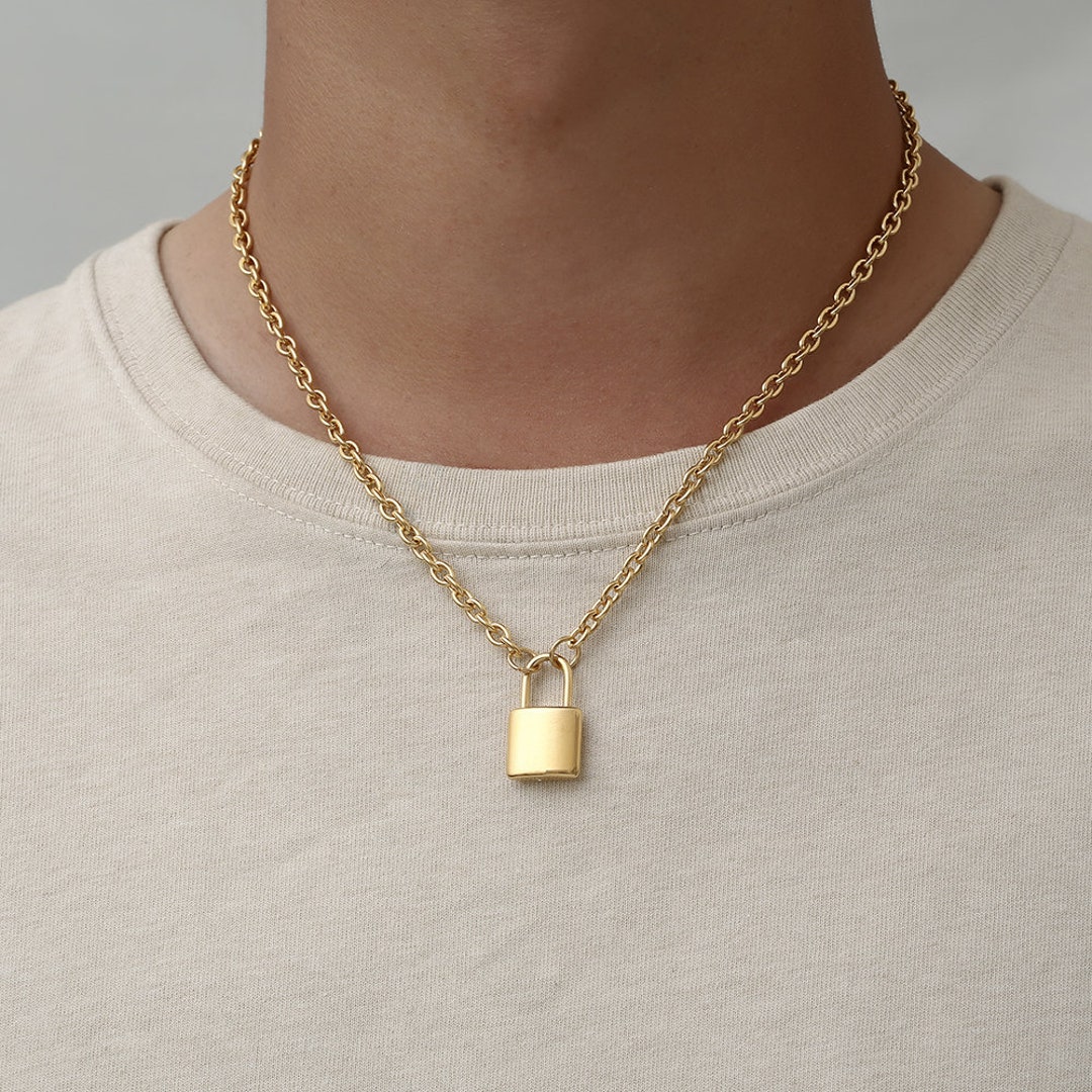 18K Gold Padlock Necklace - Small Padlock Necklace for Men - Mens ...