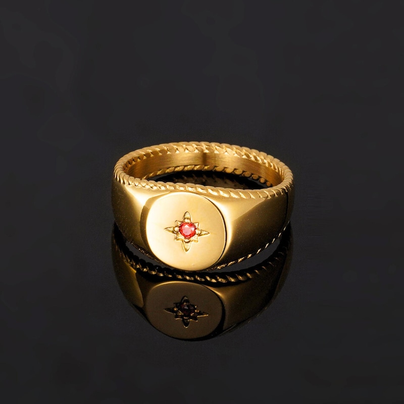 Gold Signet Ring Ruby Star - Etsy UK