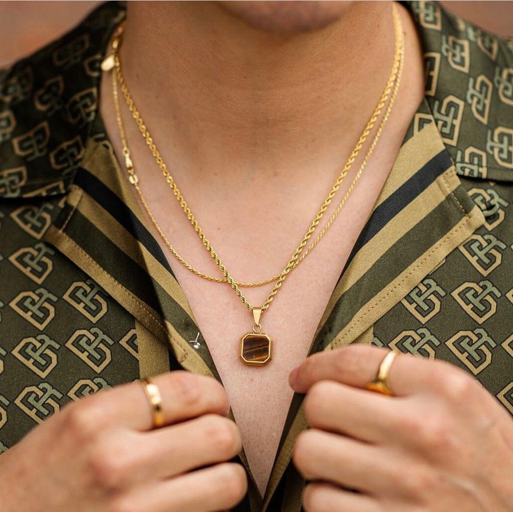 18K Gold Tigers Eye Pendant Necklace - Mens Gold Necklace 18K Gold Tigers Eye Pendant Necklace - Mens Gold Necklace