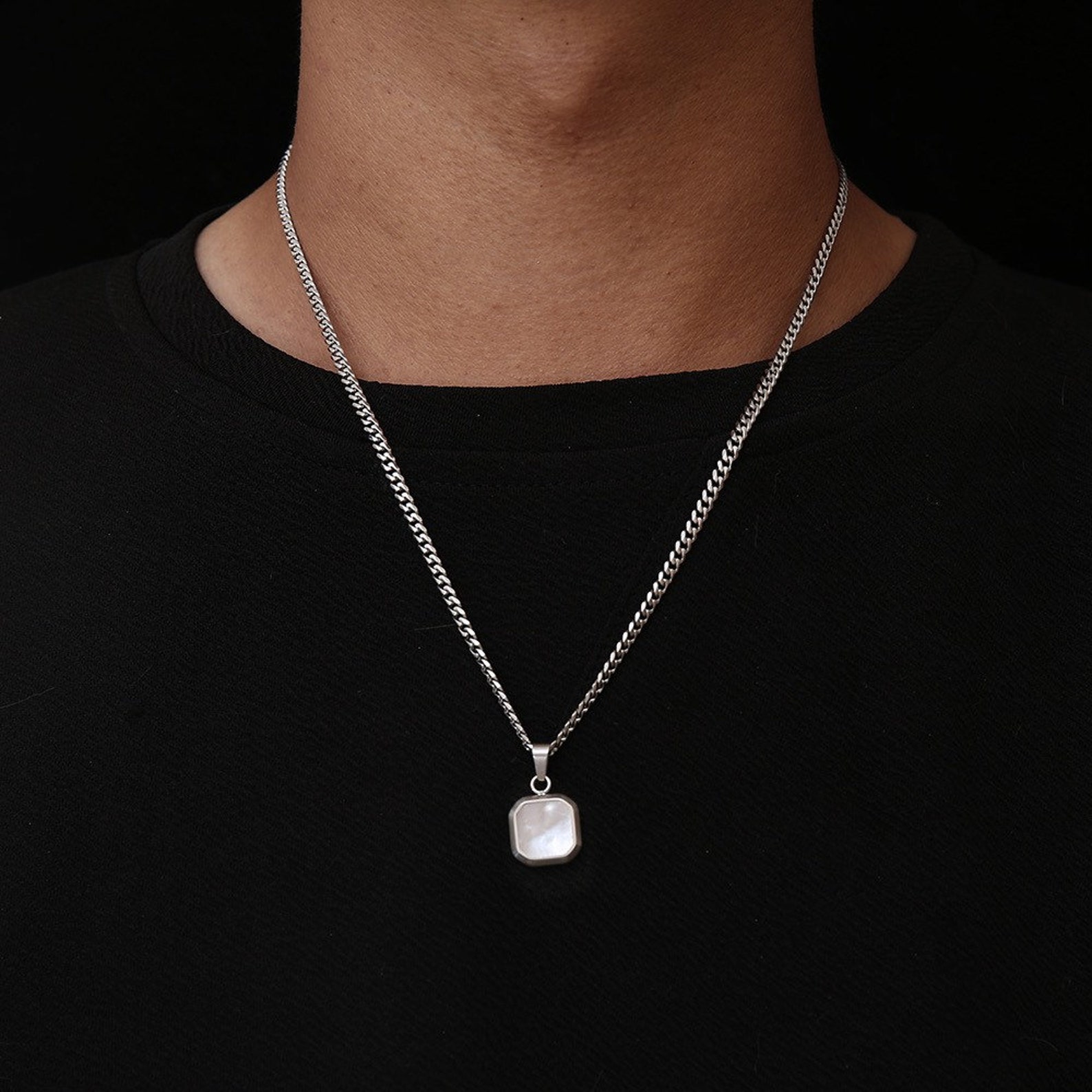 Silver Necklace White Shell Stone Pendant Silver Mens - Etsy UK