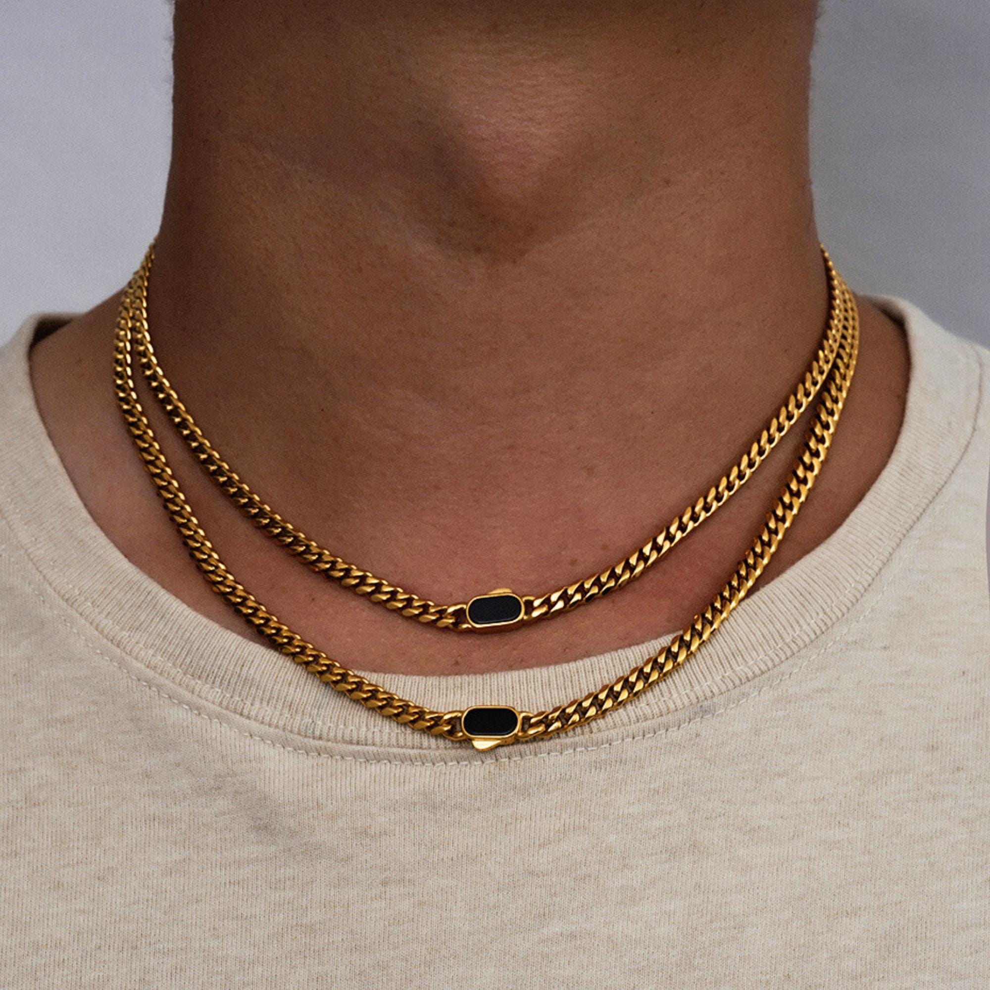 Mens Necklace - 18K Gold Green Opal Gem Necklace - 5mm Cuban Link Chain ...