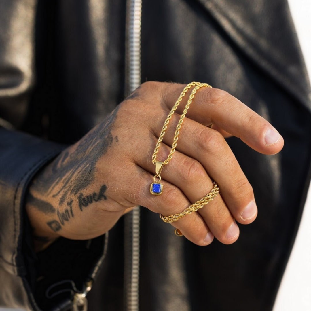 Mens Necklace 18k Gold Gemstone Necklace For Men Minimalist Gold Pendant For Men Mini Lapis