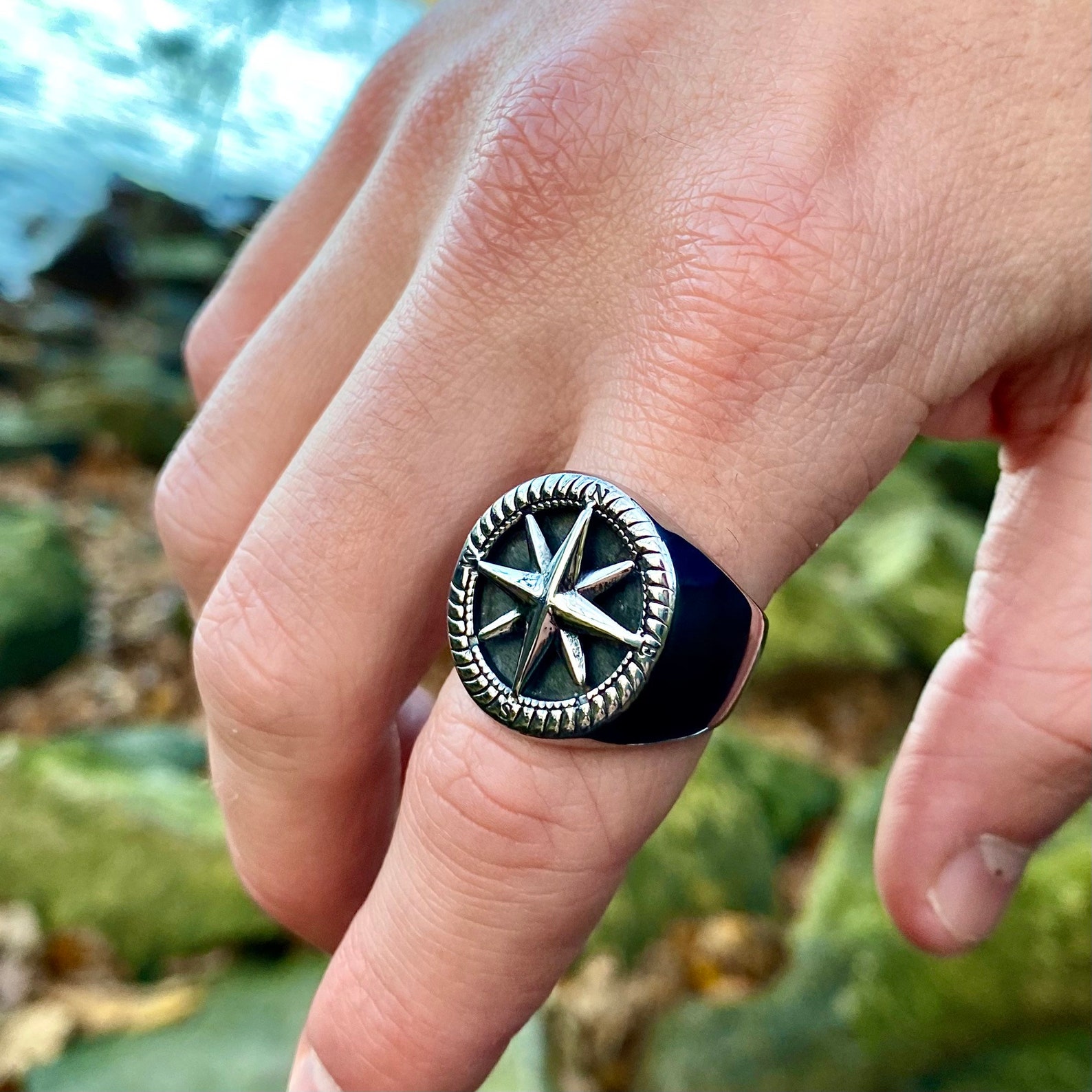 Mens Ring Silver Compass Rings For Men North Star Silver | Etsy