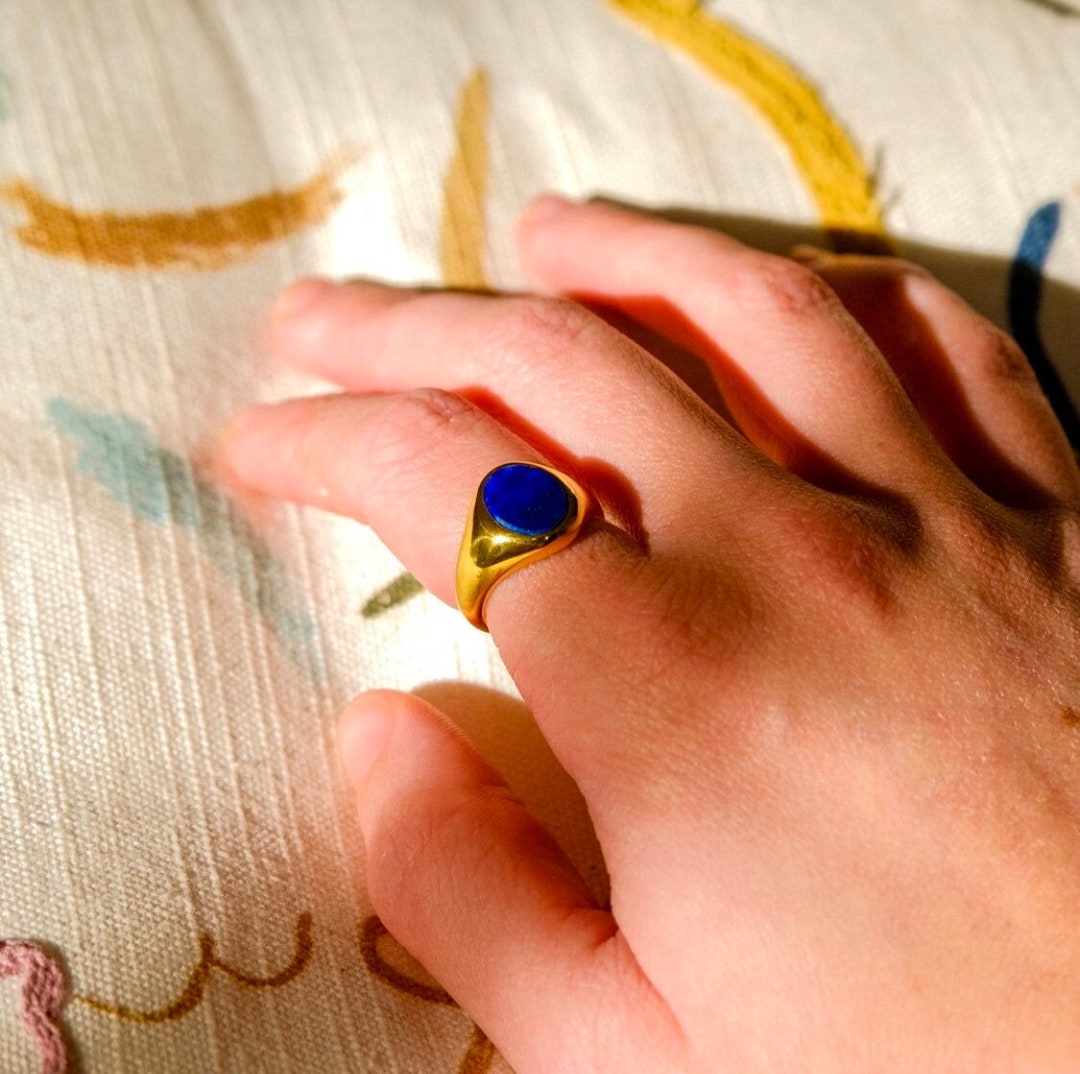 18K Gold Signet Ring, Oval Signet Lapis Lazuli Ring, Gemstone Signet ...