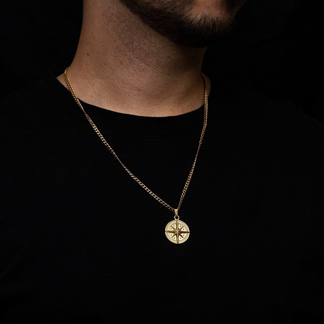 Mens Necklace - 18K Gold Plated Compass Pendant Necklace for Men - Gold ...