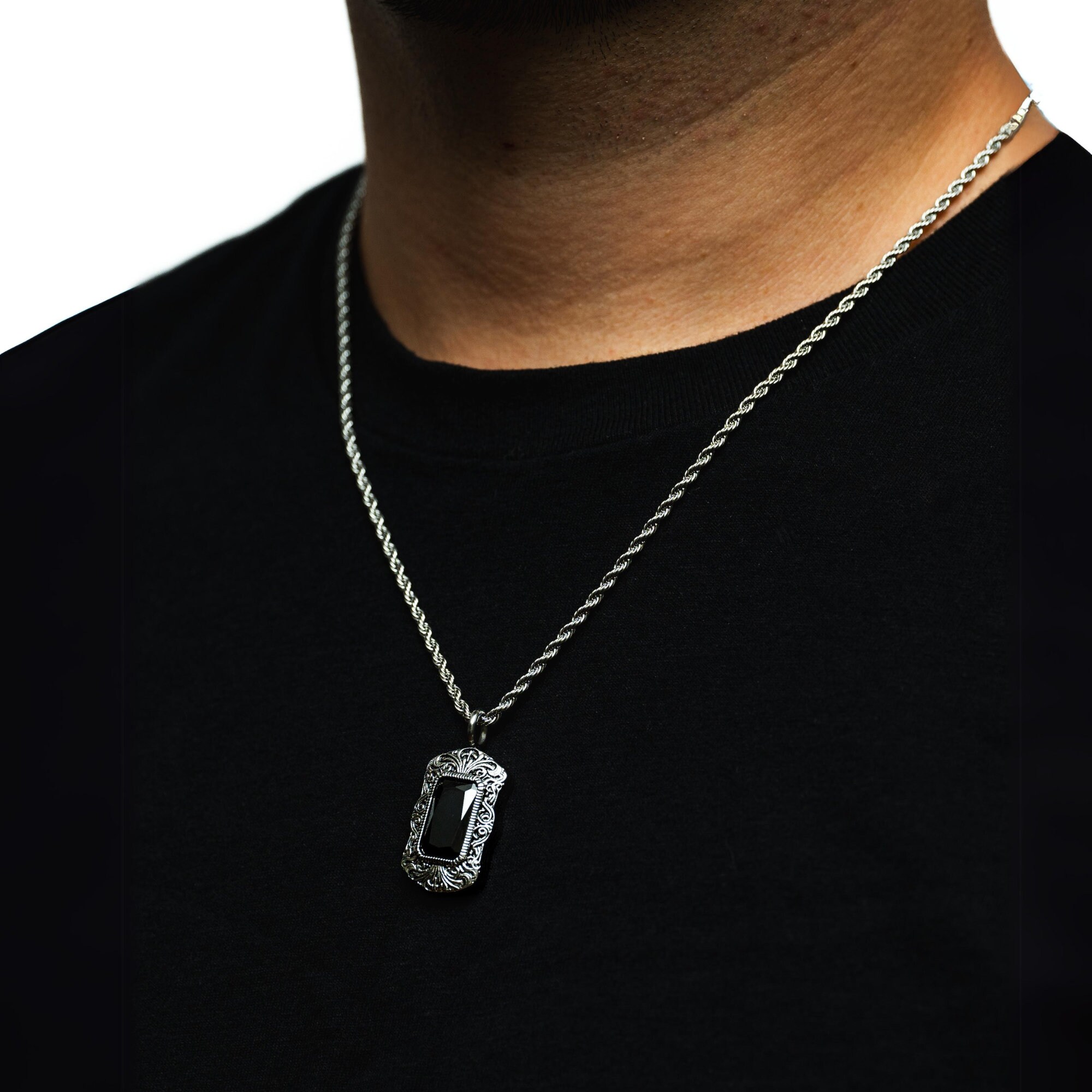 Black Gem Pendant Necklace - 18K Gold Large Patterned Pendant for Men ...