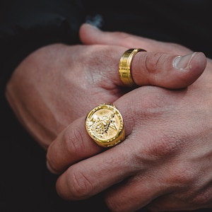 Mens Ring Gold St Michael Ring Signet Sovereign - Rings for Men, Large ...