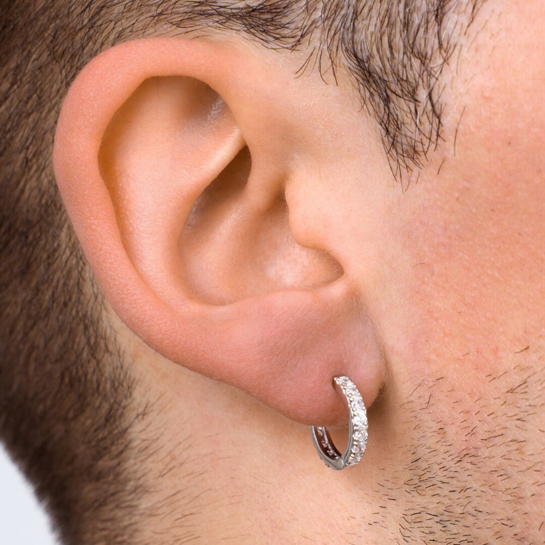 Mens Earrings, 15mm Diamond Hoop Earrings, Cubic Zirconia Silver Hoop ...