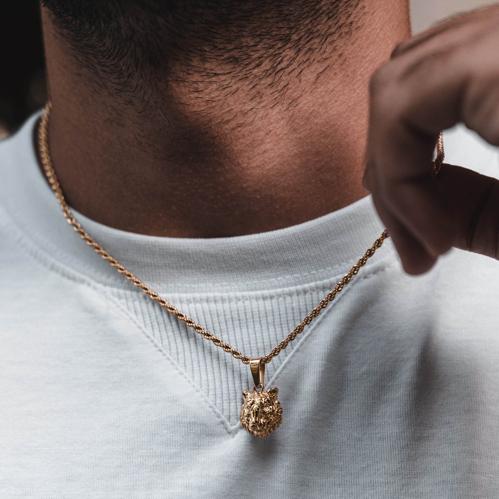 Mens Necklace, Gold Tiger Pendant, Mini Gold Pendant Necklace Men, Gold ...