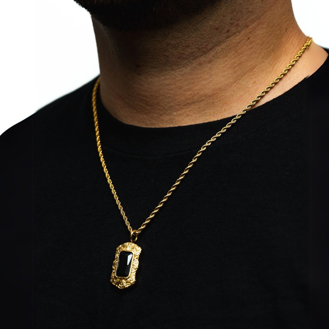 Mens Necklace - 18K Gold Vintage Gemstone Pendant - Black Diamond ...