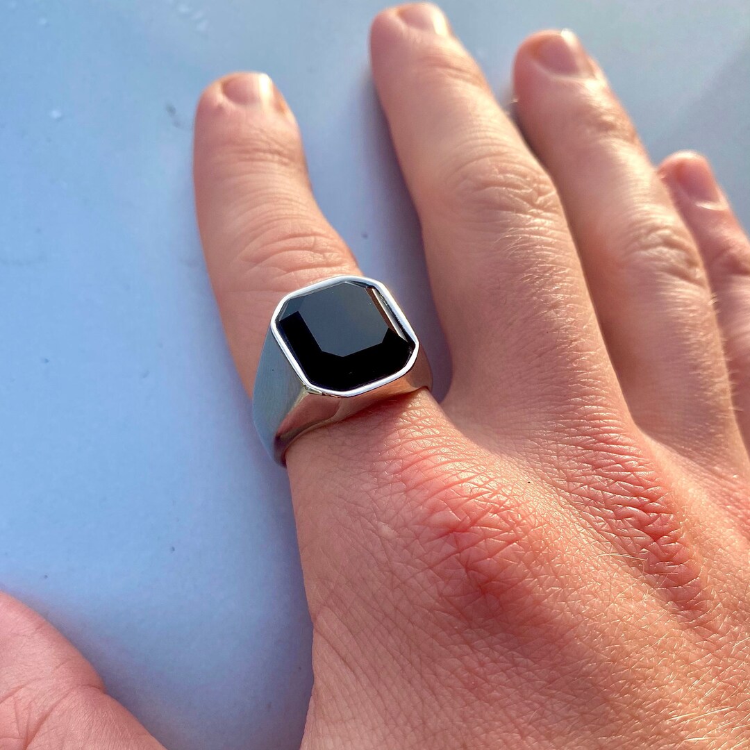 Silver & Black Stone Mens Ring Silver Signet Stone Ring Mens - Etsy