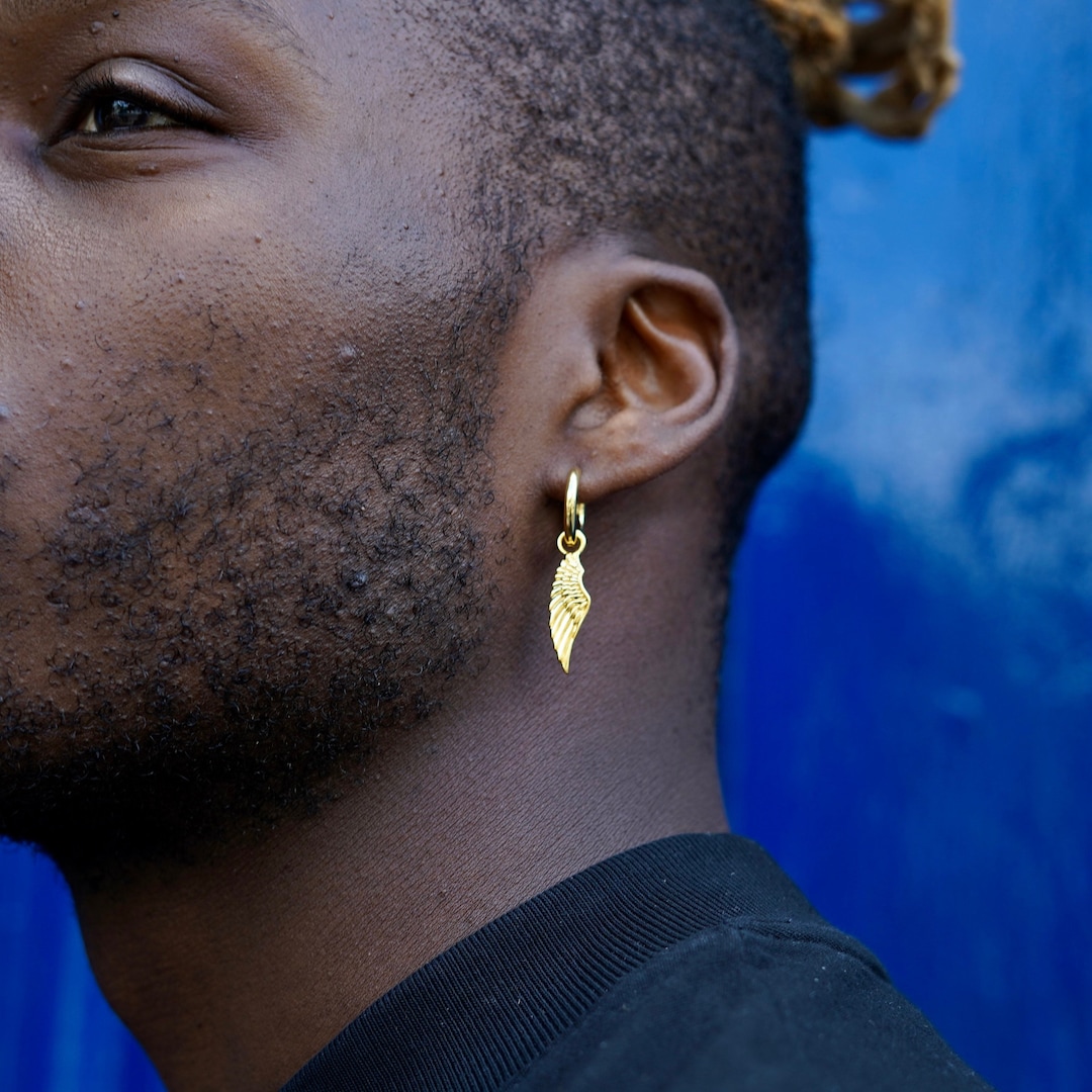 Mens Earrings Mens Dangle Earrings 18k Gold Earrings Men Angel Wing Earrings Gold Plated