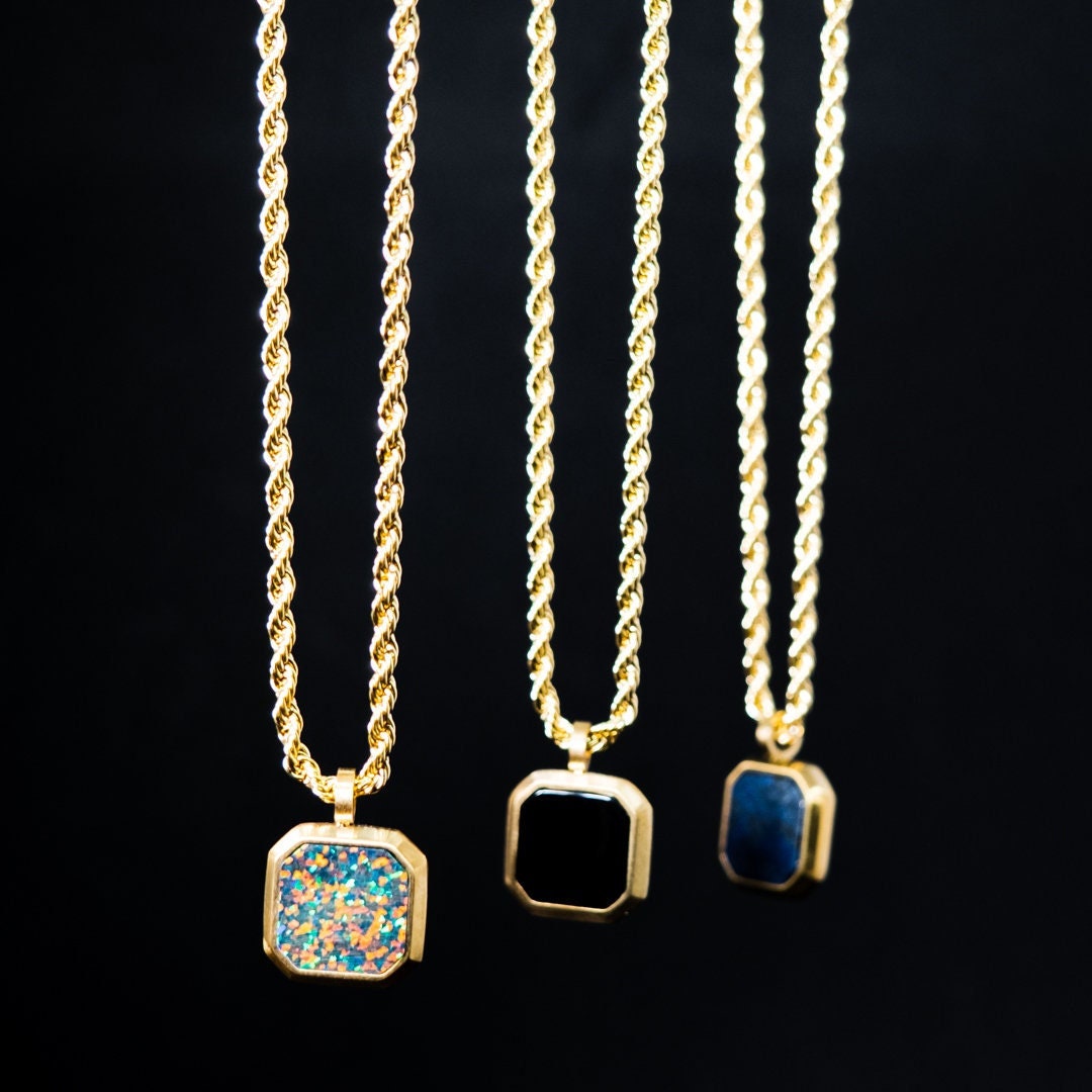 Mens Necklace - 18K Gold Onyx / Opal / Lapis Lazuli Pendant Necklace ...