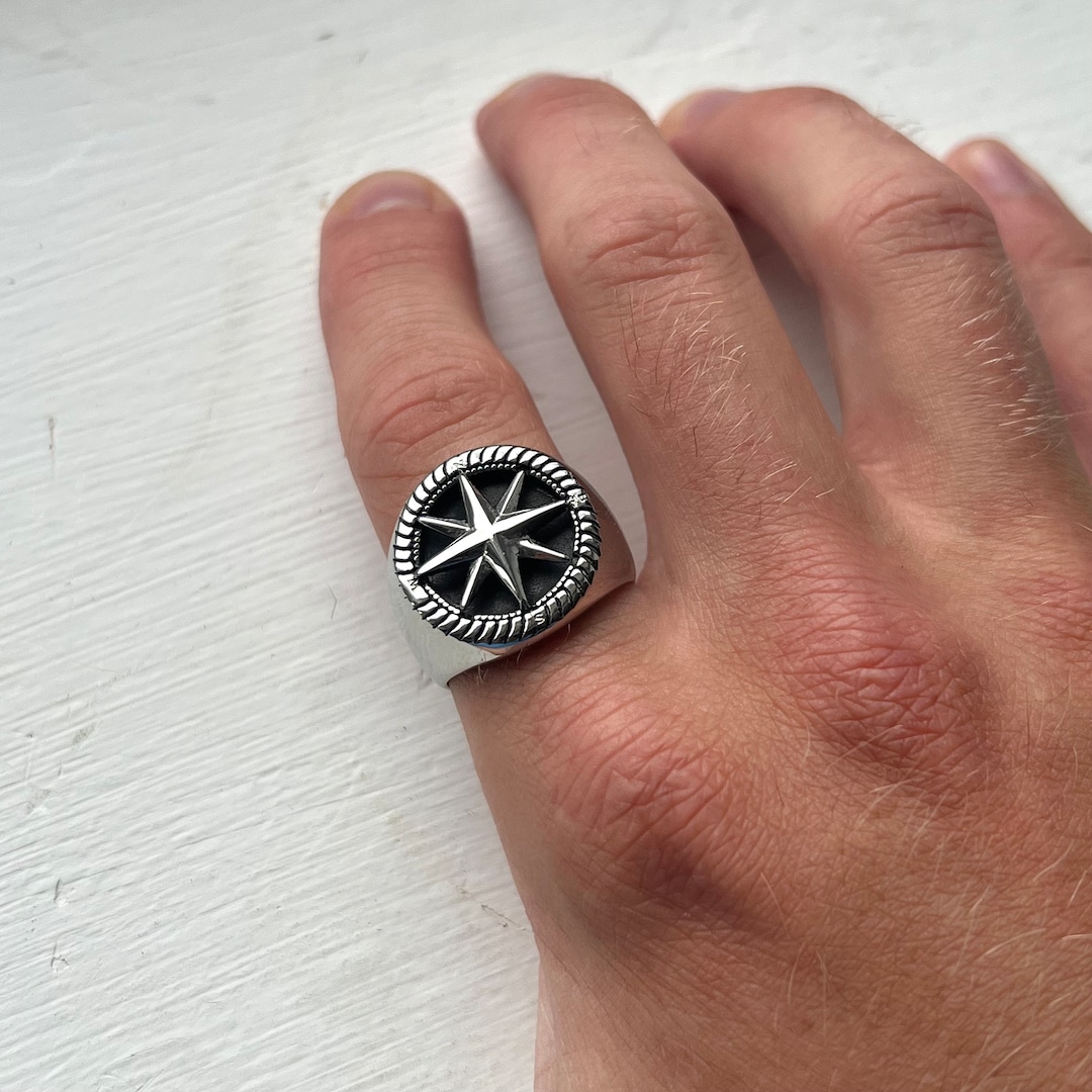 Mens Silver Compass Ring - Chunky Silver Signet Ring for Men - Mens Rings - Mens Jewellery ...