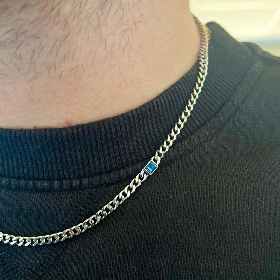 Mens Necklace, Silver Blue Vintage Gem Necklace 4mm Curb Chain Necklace ...