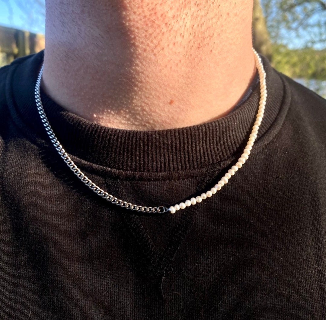 Mens Necklace, Silver Pearl Necklace, Mens Pearl Necklace With Silver ...