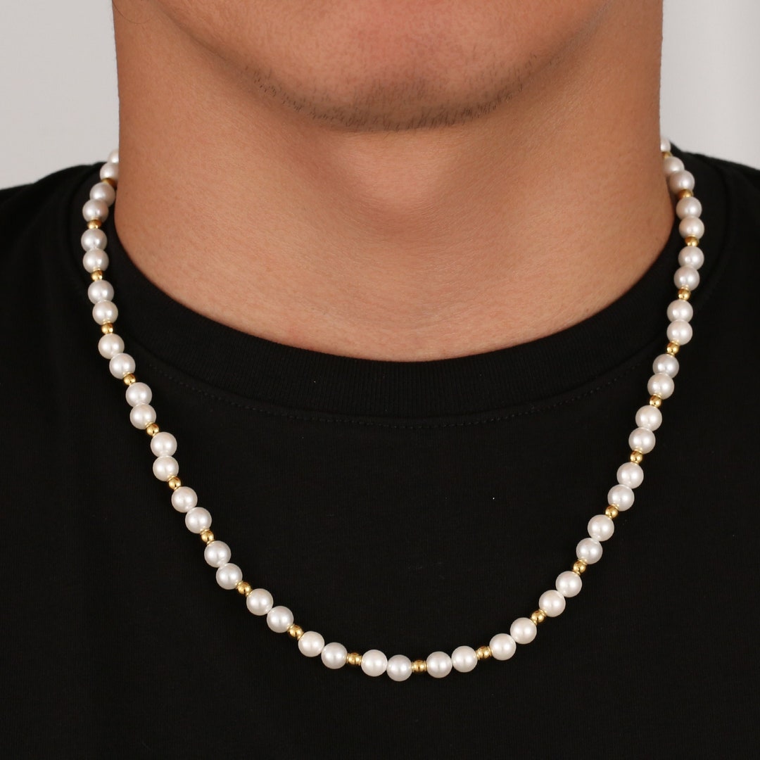 Gold Pearl Chain Necklace - Mens Pearl Necklace - Gold Chain With ...