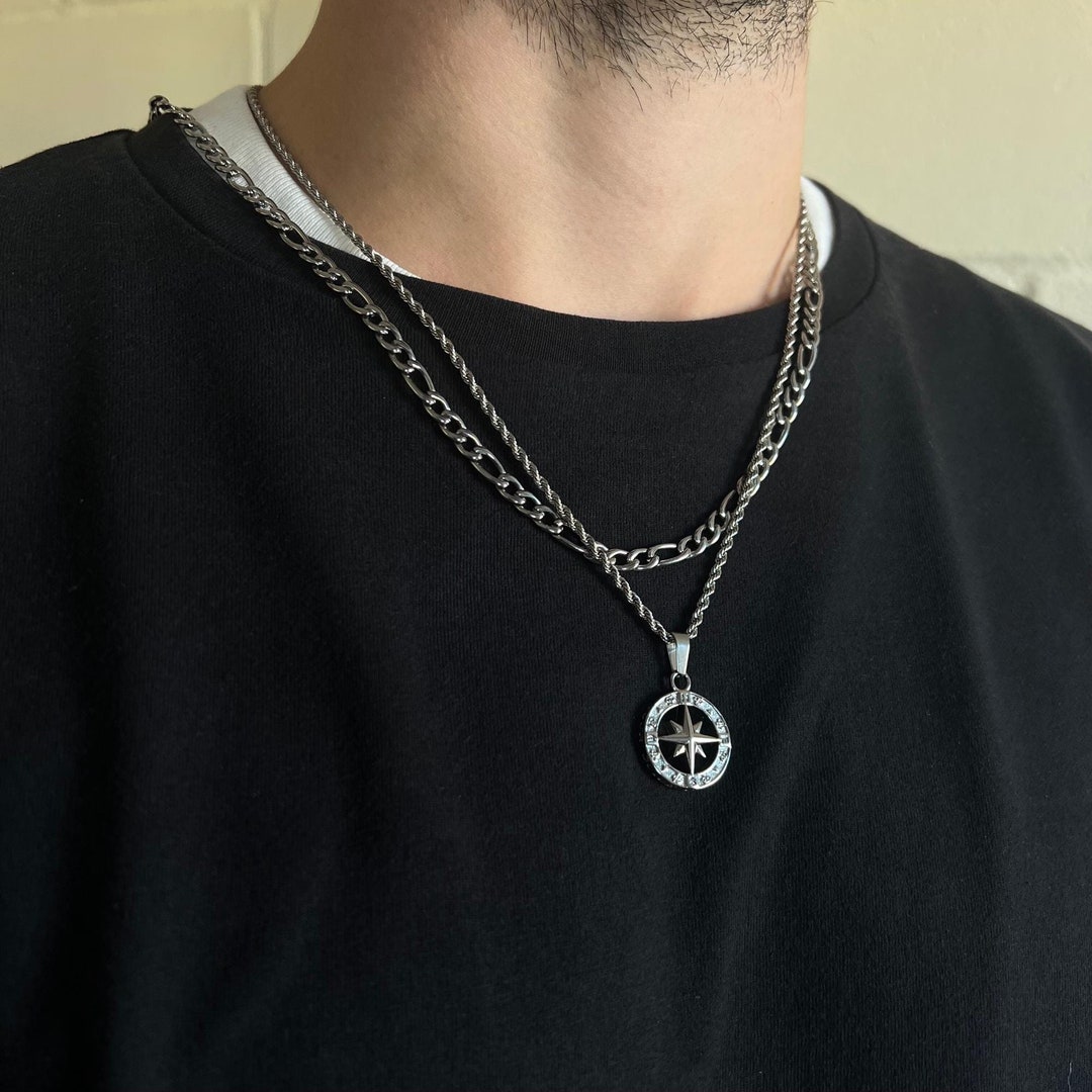 Necklace Set for Men - Silver North Star Pendant Rope Chain Mens ...