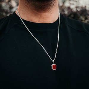 Mens Necklace - Silver & Red Pendant Necklace for Men - Necklace With ...