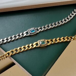 18K Gold Chain Necklace, Blue Vintage Gem Necklace 4mm Gold Curb Chain ...