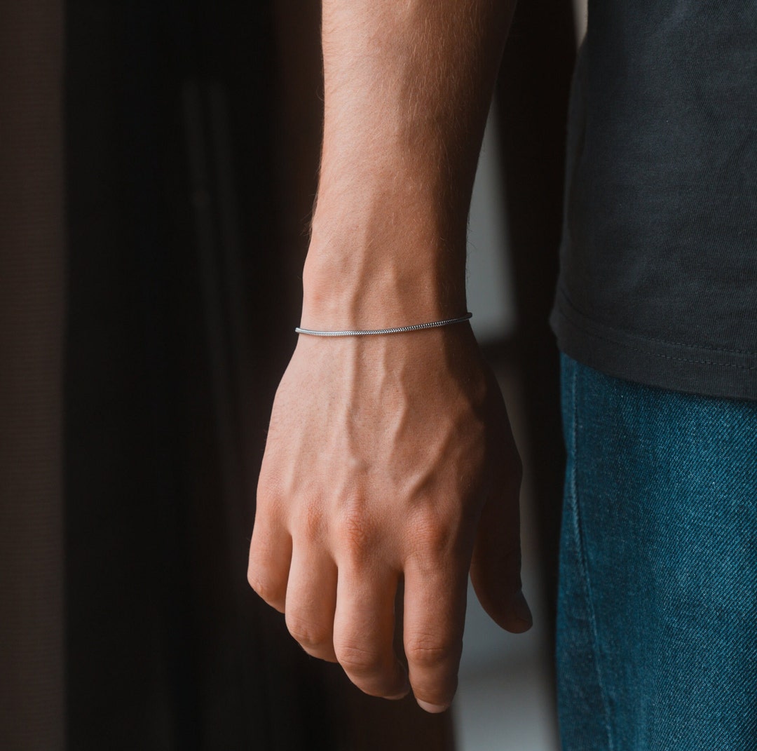 Mens Bracelet - 2mm Silver Snake Bracelet Men - Mens Jewelry - Thin Silver Adjustable Bracelet ...